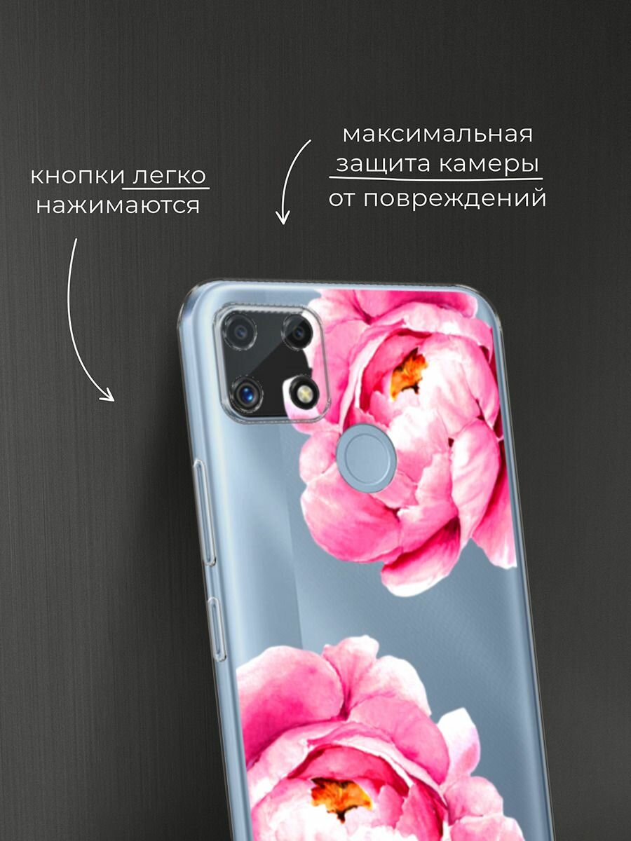 Чехол на Realme C25/C25s / Реалми С25/C25s с принтом "Open peonies", прозрачный — фото 1