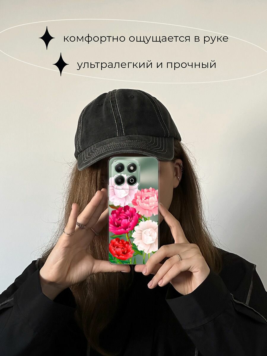 Чехол на Honor X6b / Хонор X6b с принтом "Большие пионы", прозрачный — фото 1