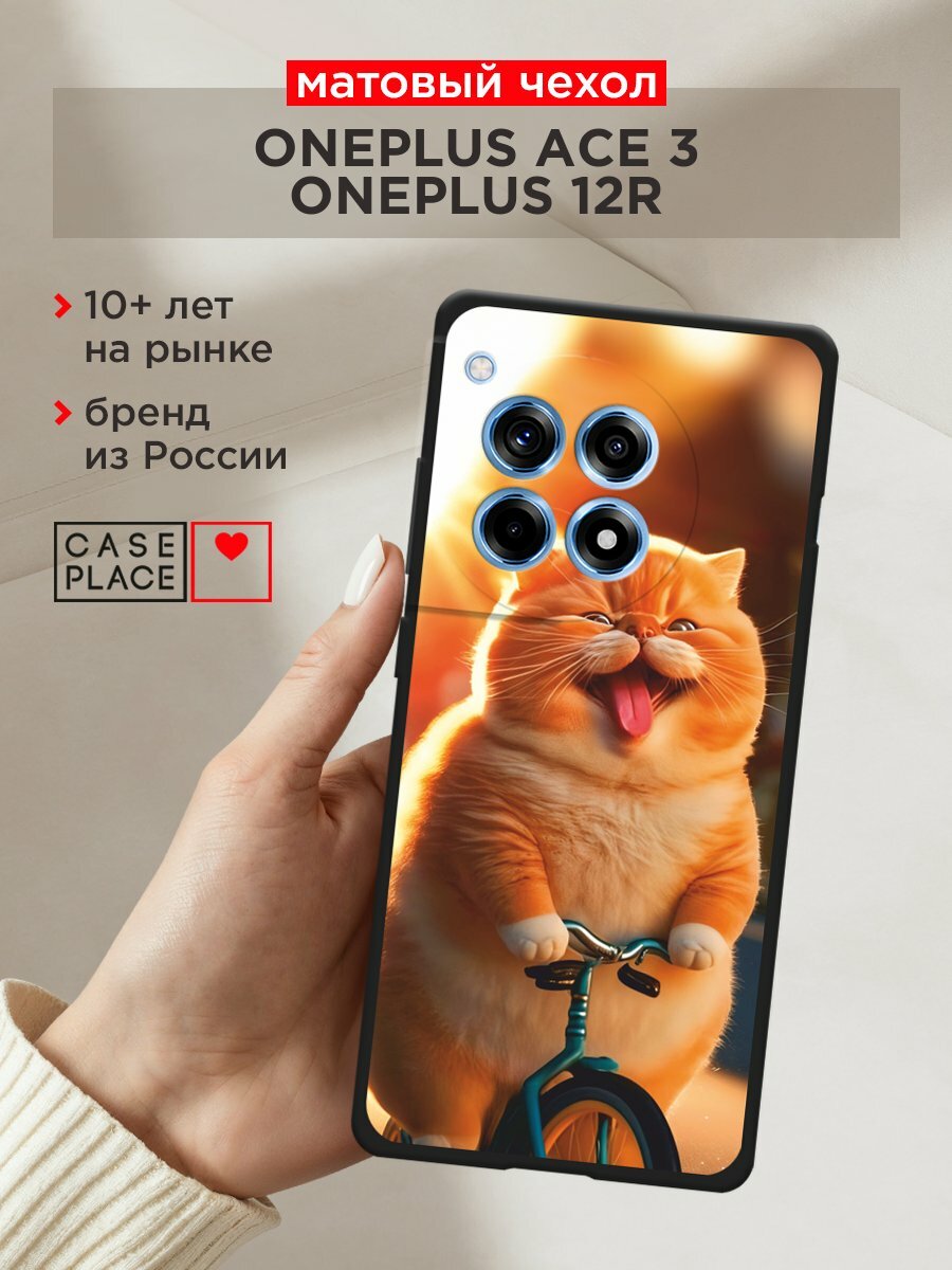 Черный матовый чехол на OnePlus Ace 3/12R / Ван Плас Асе 3/12R с принтом "Кот на велике"