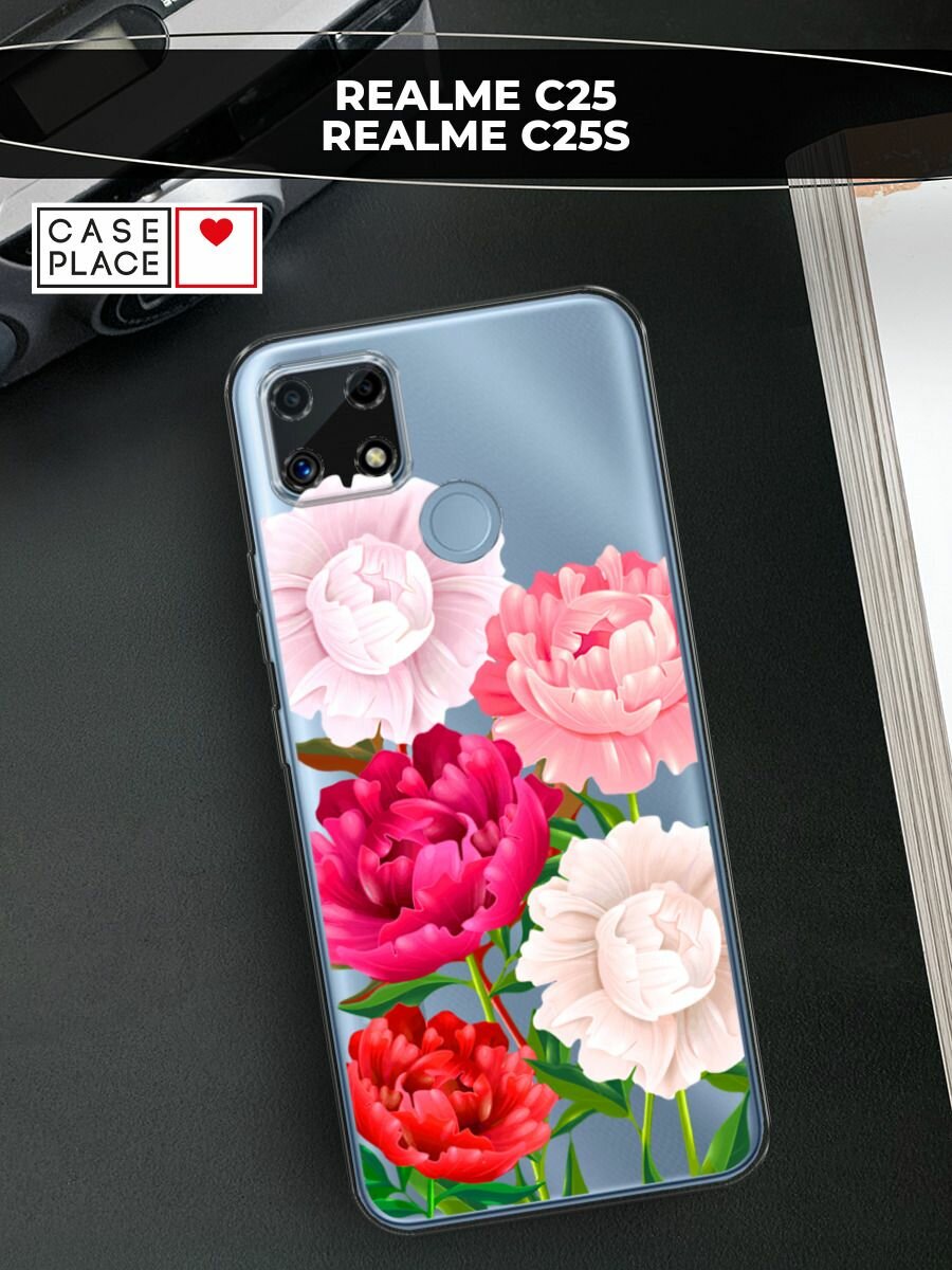 Чехол на Realme C25/C25s / Реалми С25/C25s с принтом "Большие пионы", прозрачный