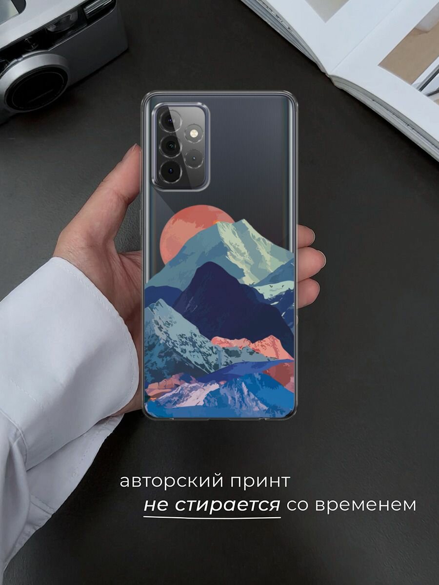 Чехол на Samsung Galaxy A72 / Самсунг Галакси А72 с принтом "Закат в снежных горах", прозрачный — фото 1