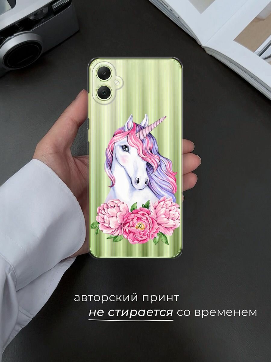 Чехол на Samsung Galaxy A05 / Самсунг Галакси A05 с принтом "Единорог с пионами", прозрачный — фото 1