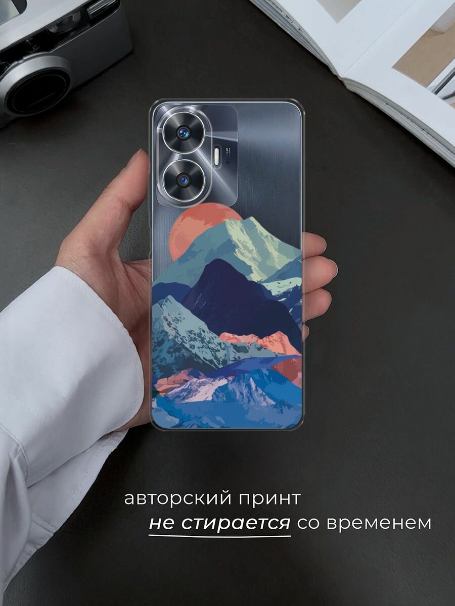 Чехол на Realme C55 / Реалми C55 с принтом "Закат в снежных горах", прозрачный — фото 1