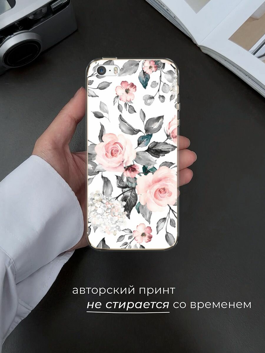 Чехол на Apple iPhone 5/5S/SE / Айфон 5/5S/SE с принтом "Розы на белом" — фото 1
