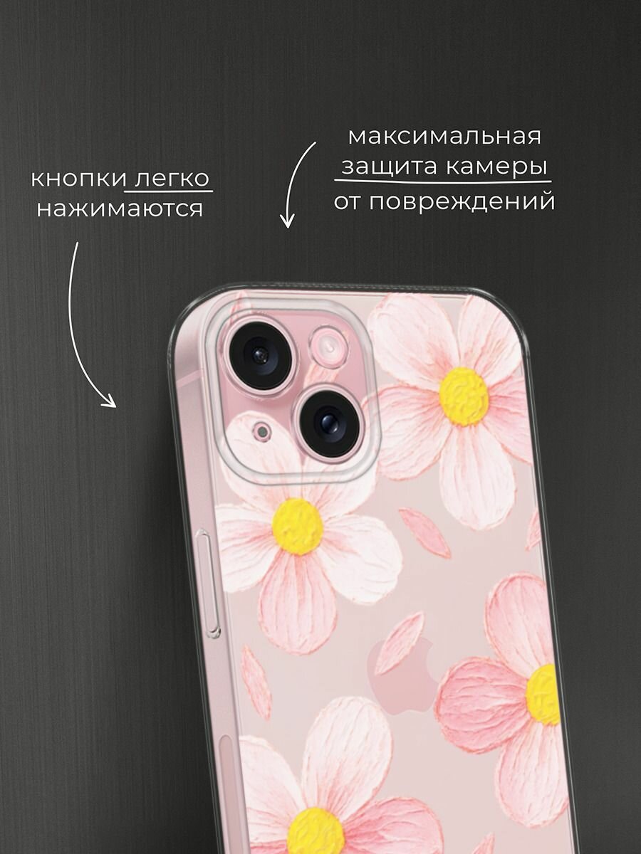 Чехол на Apple iPhone 15 / Айфон 15 с принтом "Розовые ромашки" — фото 1