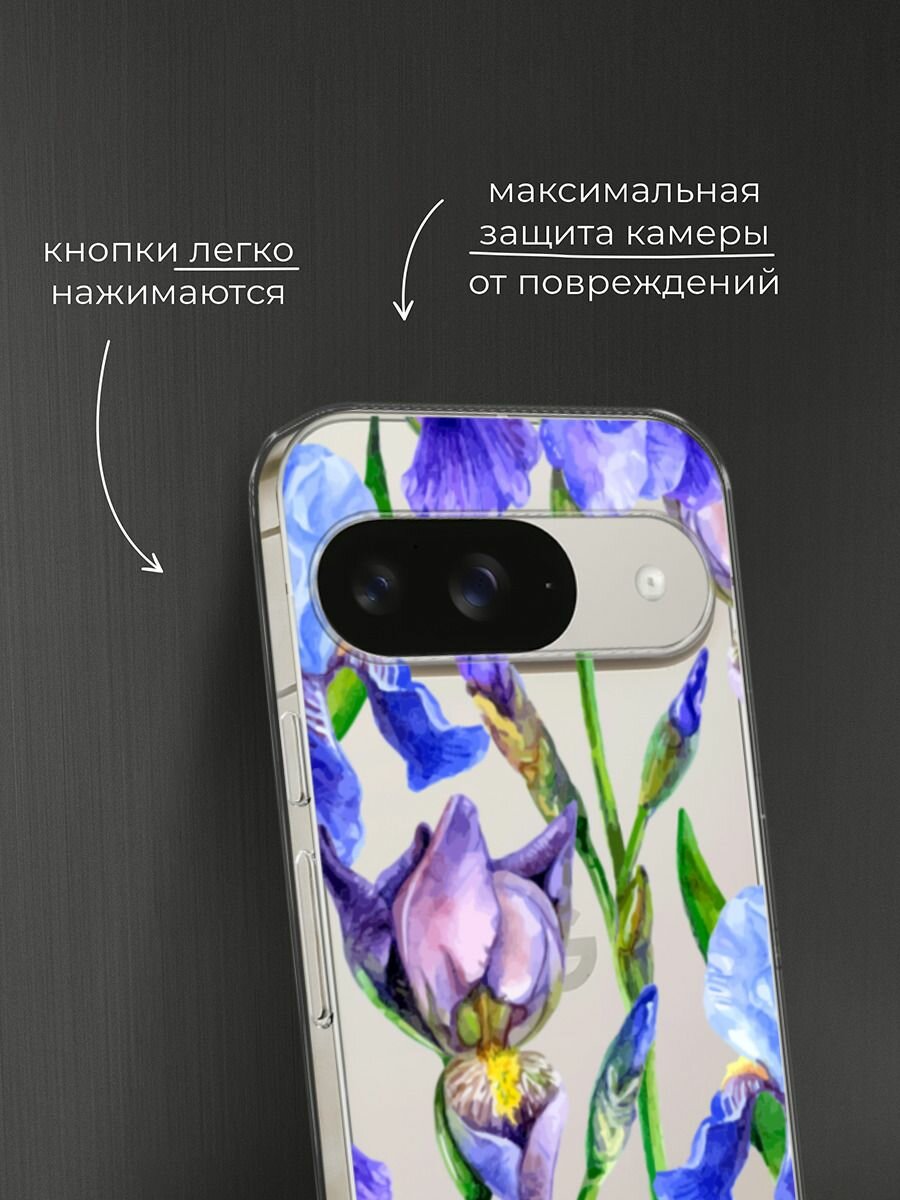 Чехол на Google Pixel 9 / Гугл Пиксель 9 с принтом "Синие ирисы", прозрачный — фото 1