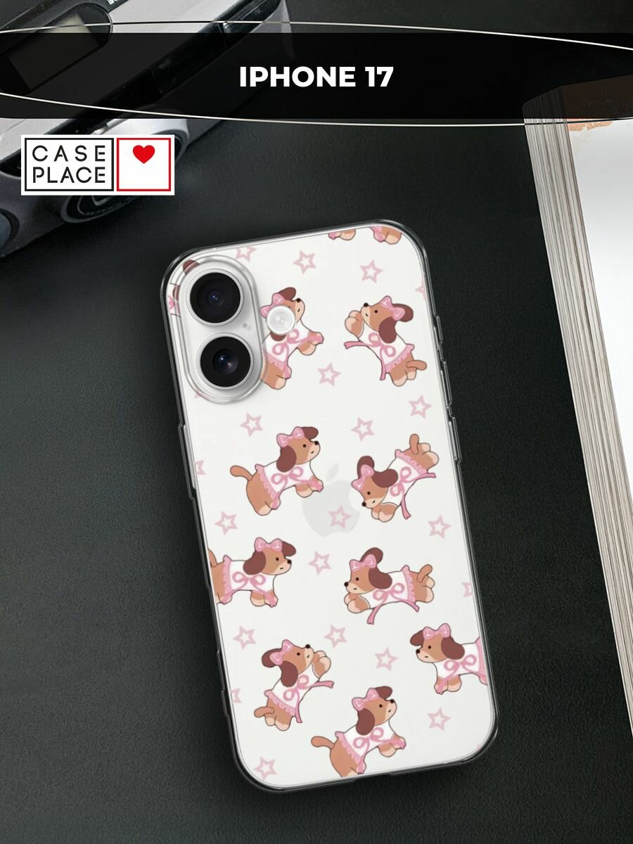 Чехол на Apple iPhone 17 / Айфон 17 с принтом "Милый щенок с бантиком", прозрачный