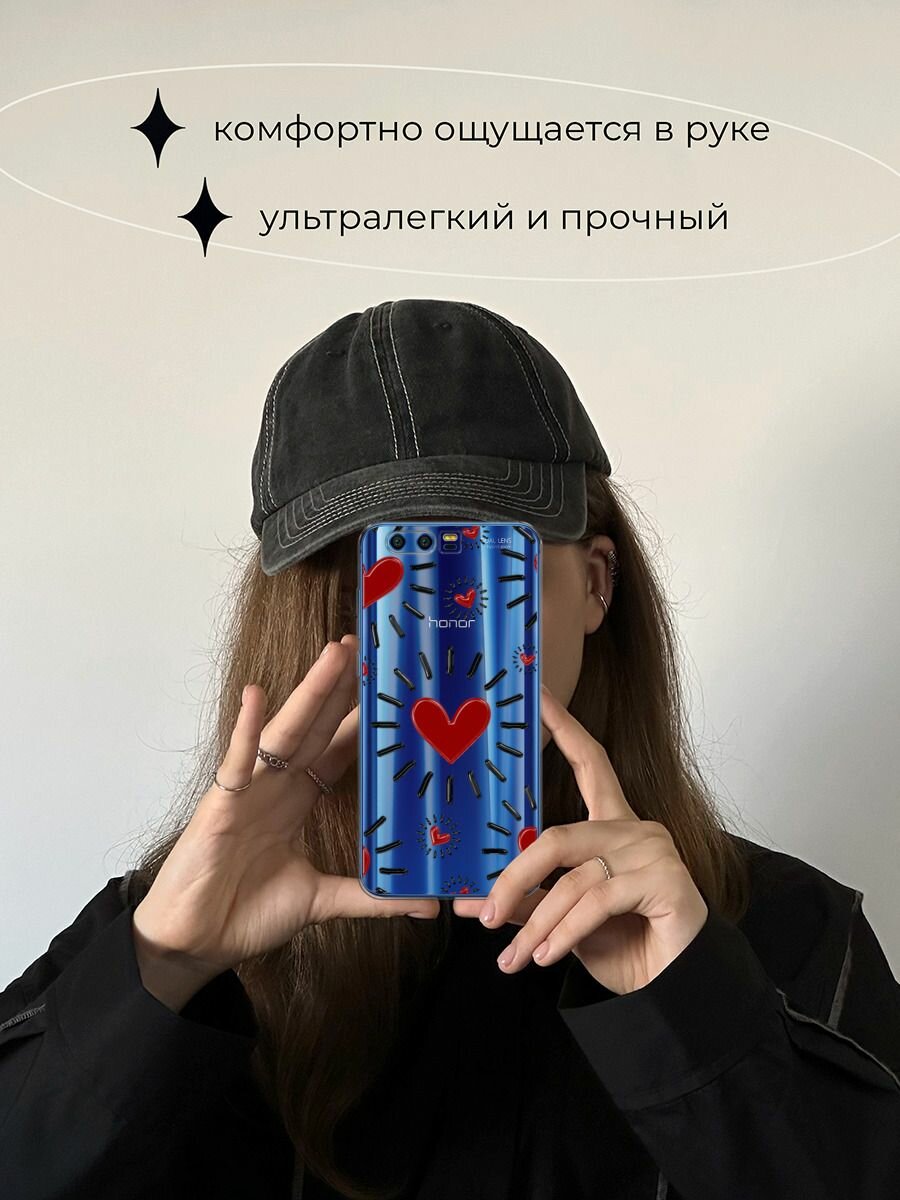 Чехол на Honor 9 / Хонор 9 с принтом "Бордовые сердца паттерн" — фото 1