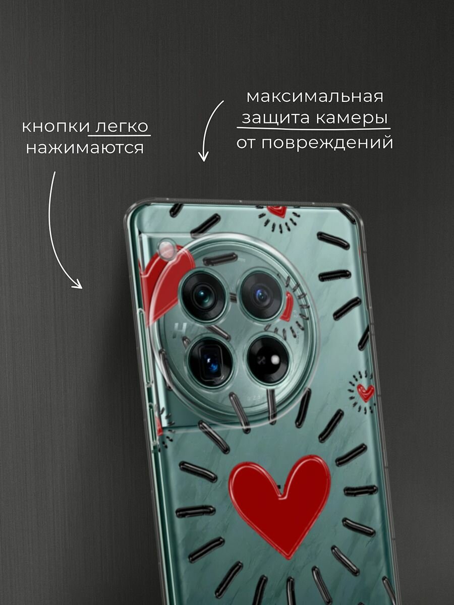 Чехол на OnePlus 12 / Ван Плас 12 с принтом "Бордовые сердца паттерн" — фото 1