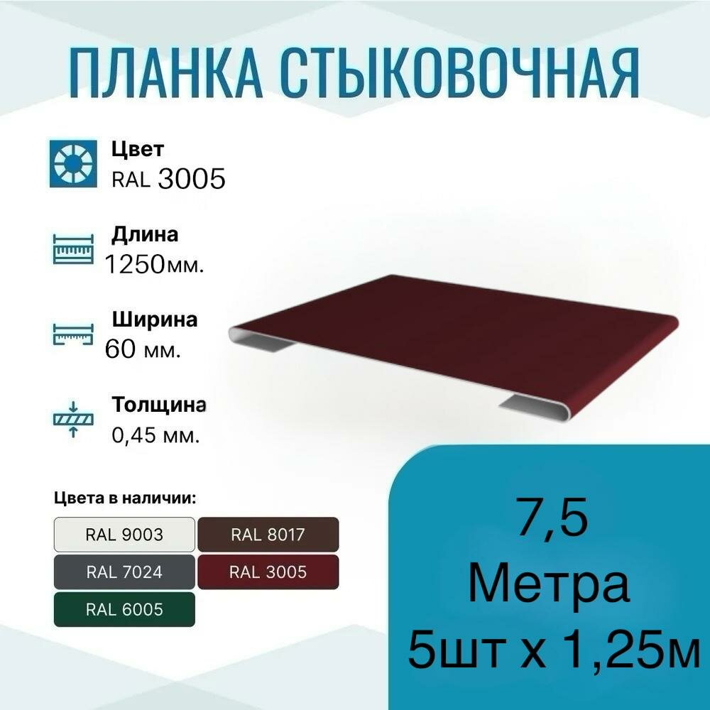 Нащельник металлический ширина 60мм , длина 1,25м*5шт , цвет Винно-красный RAL 3005