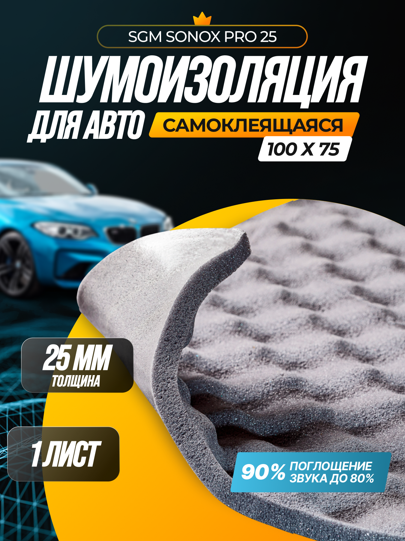 SGM Sonox PRO волна 15 мм акустический поролон самоклеящийся,80% звукопоглощения/ Шумка для авто/Шумоизоляция автомобиля