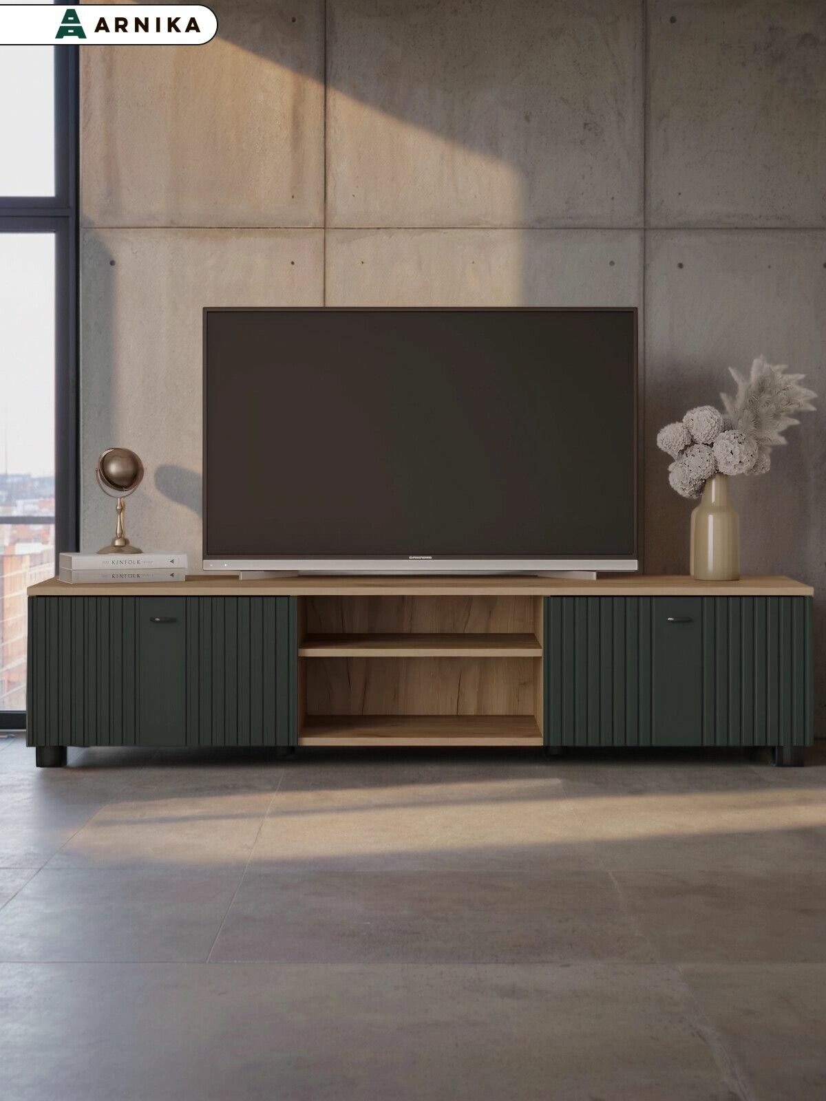 ARNIKA Тумба под телевизор "Майами" с ящиками, Дуб золотой/олива, 180,1х40.1х52,6 см