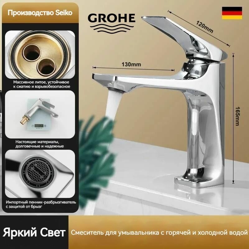 Смесители GROHE подходят для раковин с горячей и холодной водой, а также для раковин в ванных комнатах.