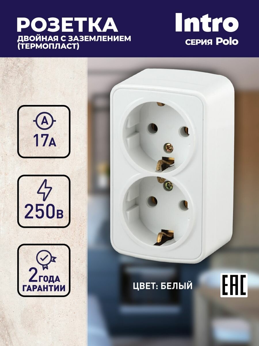 Розетка двойная с заземлением Intro 3-204-01 Polo 16А-250В белый