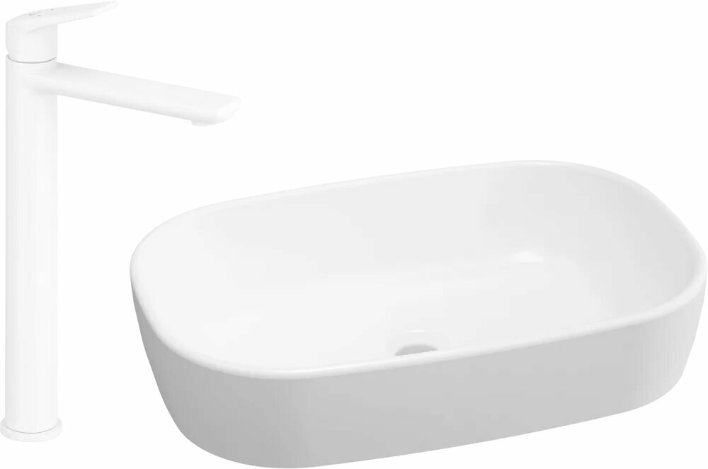 Комплект 2 в 1 Накладная раковина Lavinia Boho Bathroom Sink 33311002 54 глянцевая белая / Смеситель Wellsee ICON! for life 182310000, матовый белый