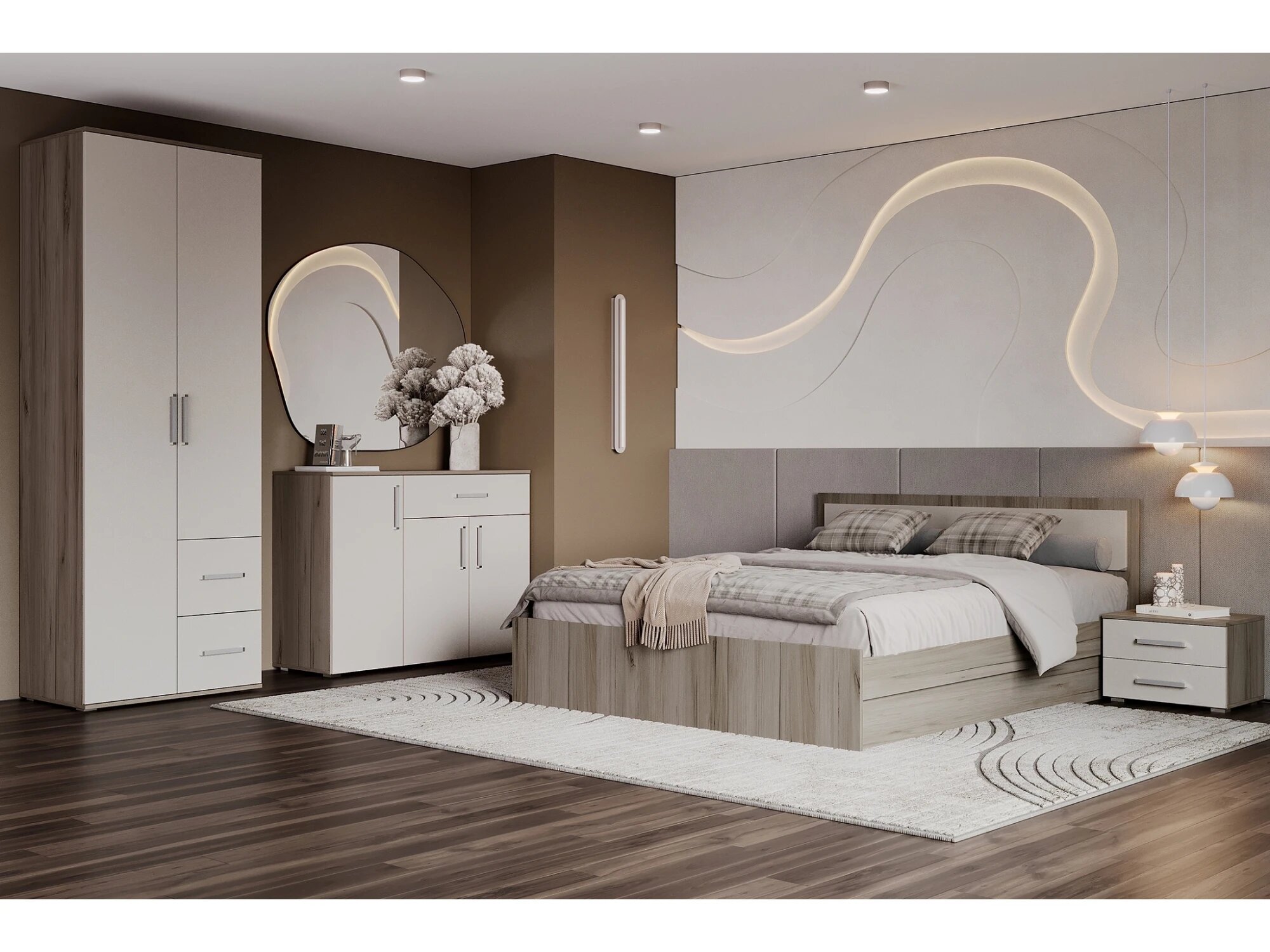 Модульная спальня №2, лаконичный дизайн, Дуб крафт серый/Кашемир