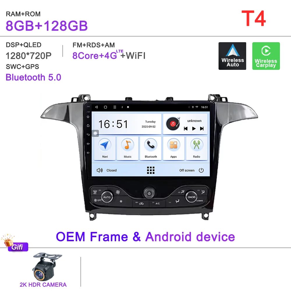 Автомагнитола Android 16 для Ford S-Max 2006-2015, для Ford Galaxy 2014, Carplay, мультимедийный видеоплеер, навигация GPS, без 2din. 8-128G CAM