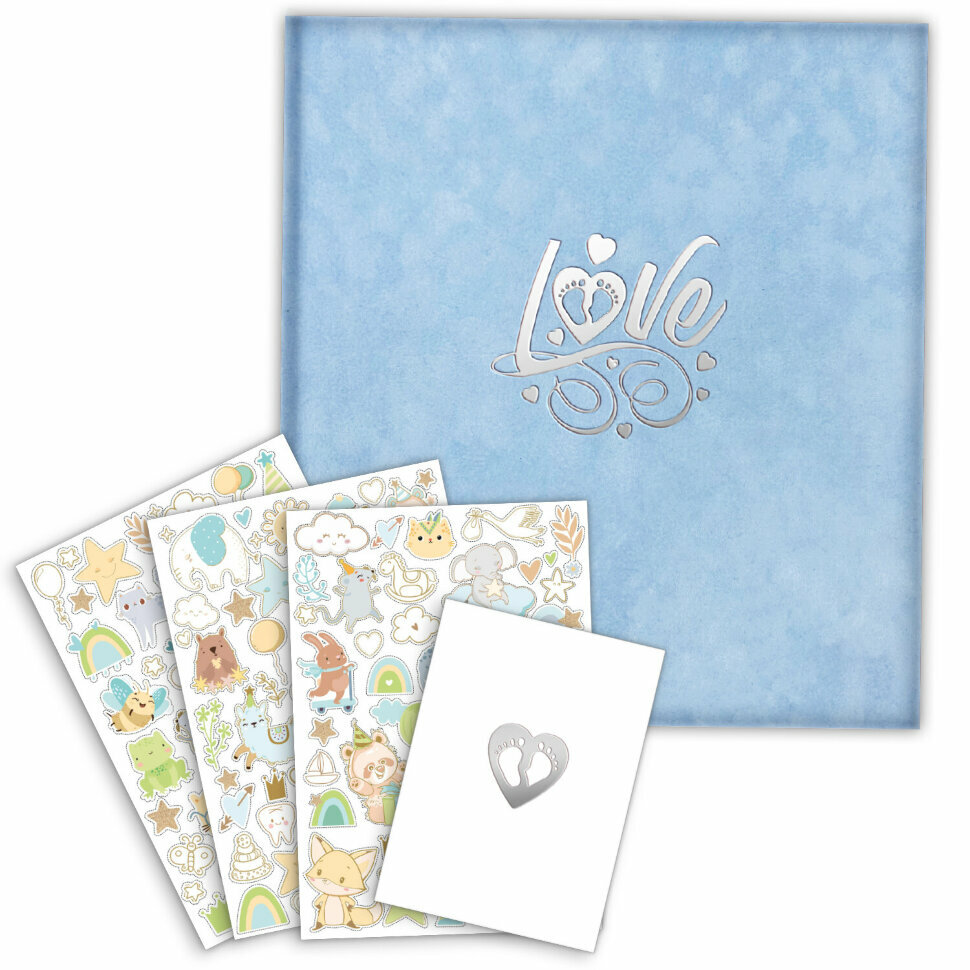 Фотоальбом-анкета детский 23х25 см, 32 листа, стикеры, открытка, конверт, голубой бархат, BRAUBERG, 391420, 391420