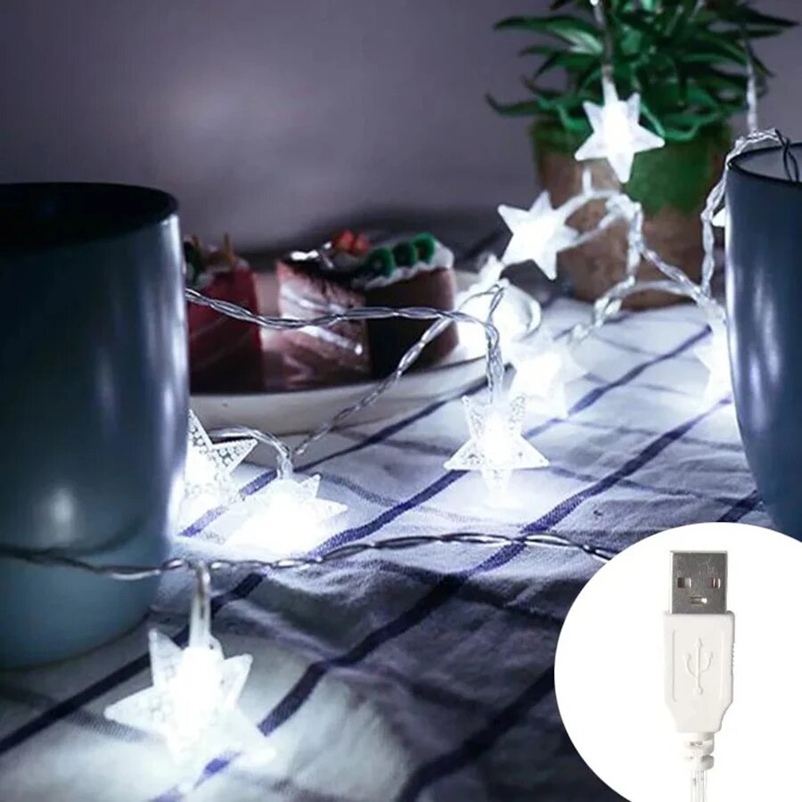 LED Звездчатые Гирлянды Topdii USB/Батарейка 10/20/40/80 Дiod 1.5/3/6/10 White USB Power, 6M 40LEDs