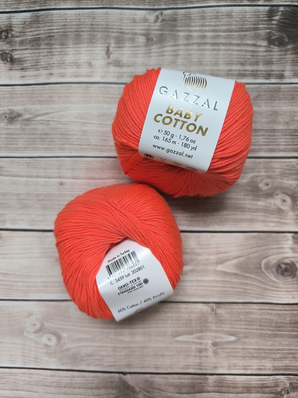 Пряжа Gazzal baby cotton, цвет 3459 оранжевый, набор 2 мотка, вес мотка 50 гр, длина нити 165 м (Газзал беби катон)