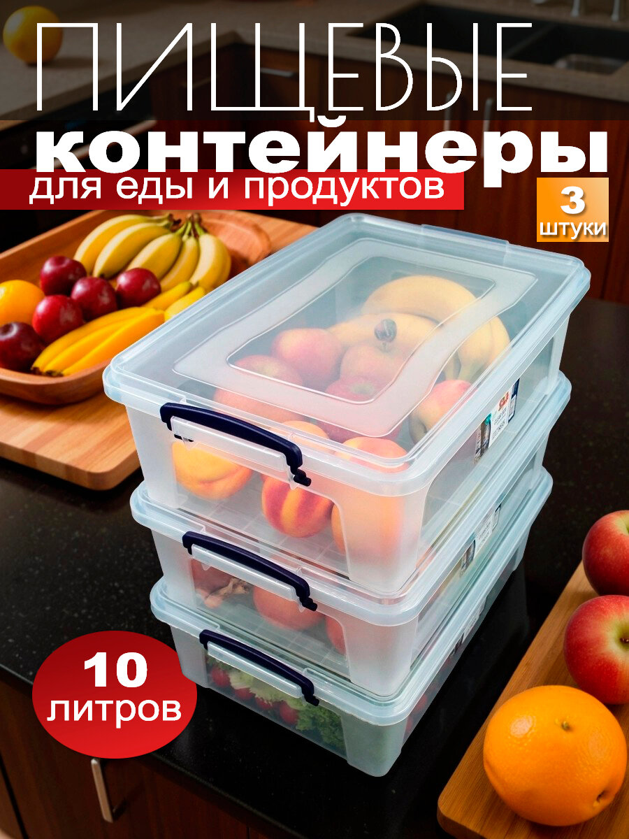 Набор контейнеров для еды с крышкой, пластиковые, 41х28х13 см, 10 литров, 3 шт.