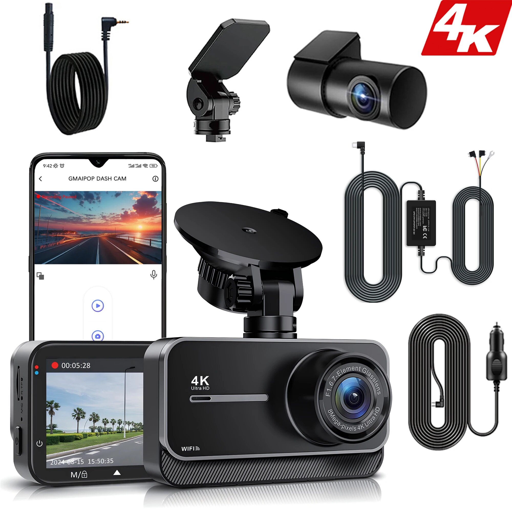 4K видеорегистратор для автомобилей Автомобильная камера With Hardwire Kit, With 256G SD Card