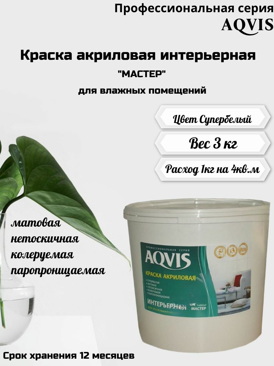 Краска акриловая интерьерная "Мастер" для влажных помещений, белая,3кг