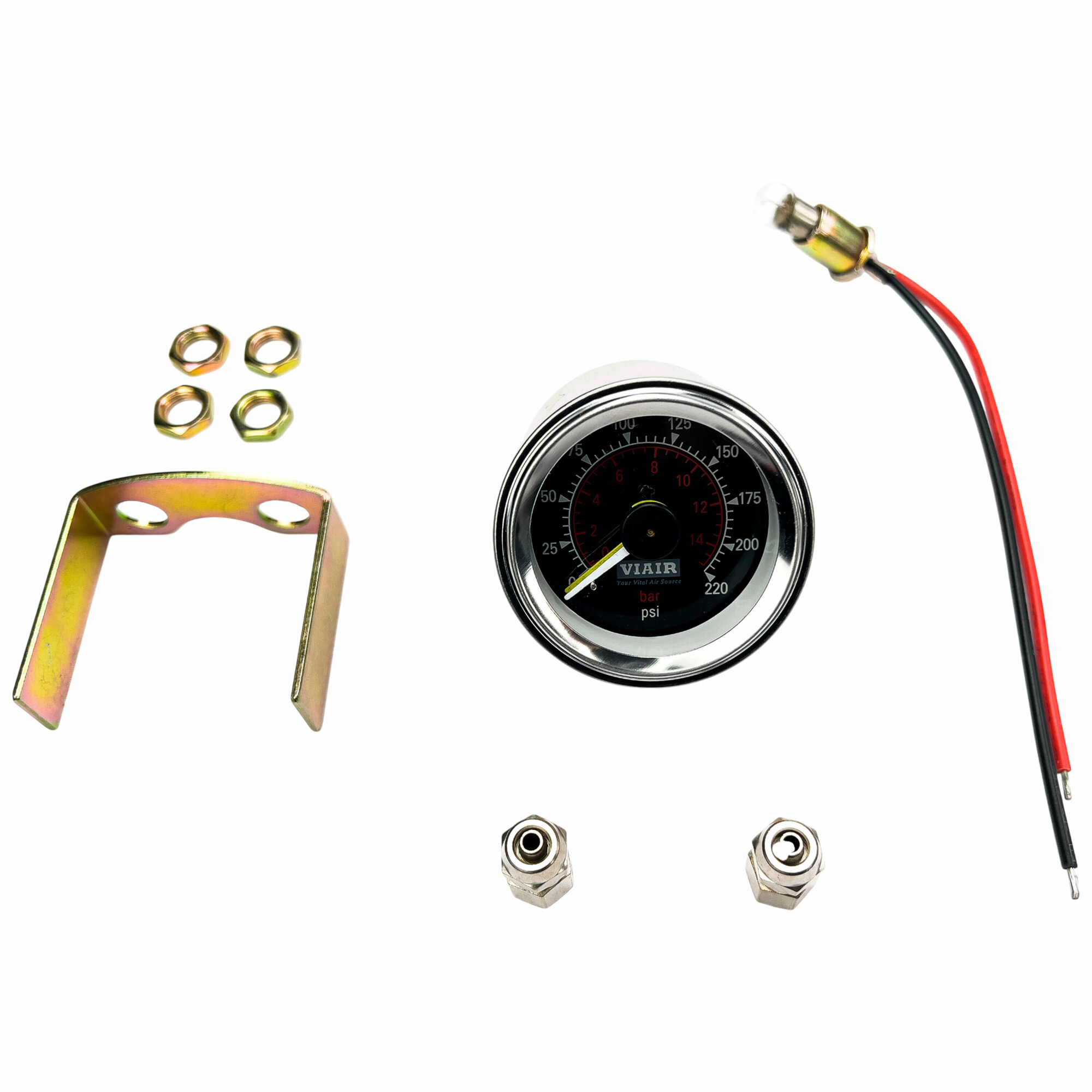 Манометр двухстрелочный 15БАР (220 PSI), с подсветкой, черный, с фитингами 6/4мм (2х контурный манометр для пневмоподвески, пневмосистем)