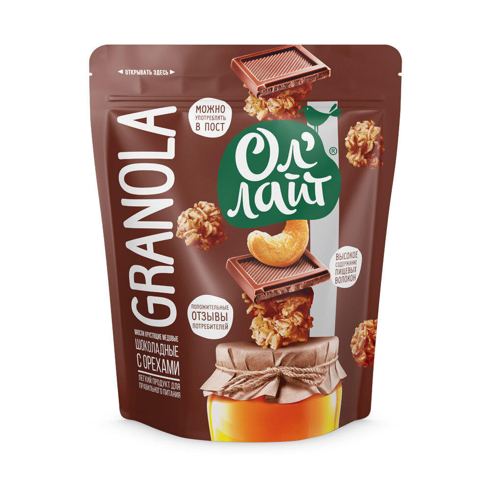 Мюсли медовые ОЛ'лайт Granola, шоколадные с орехами, 280г