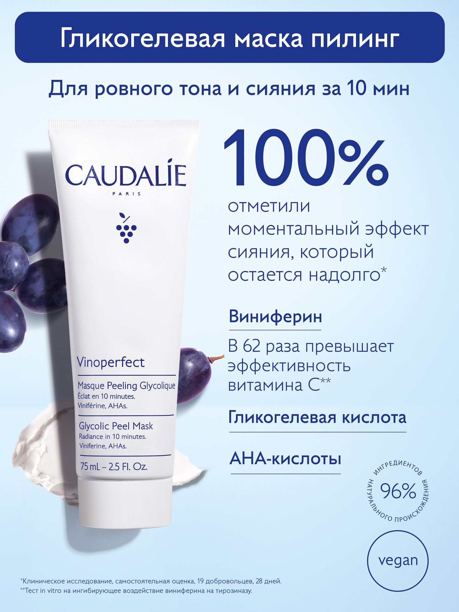 Caudalie Маска для лица сияние гликолевая для всех типов кожи Vinoperfect, 75 мл