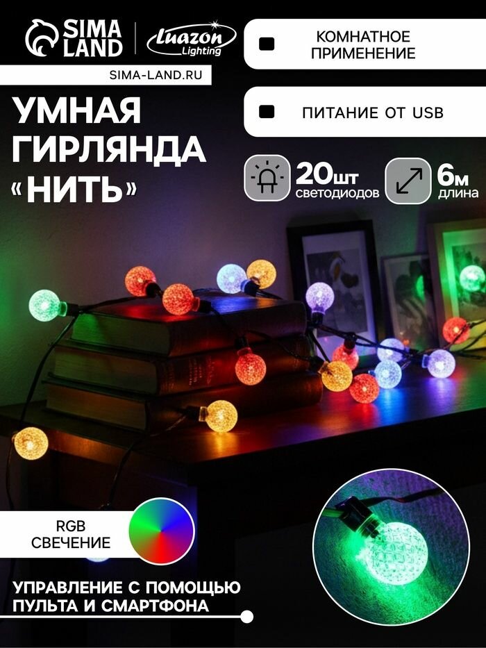 Умная гирлянда Нить 6 м с насадками Калейдоскоп , IP20, тёмная нить, 20 LED, свечение RGB, USB