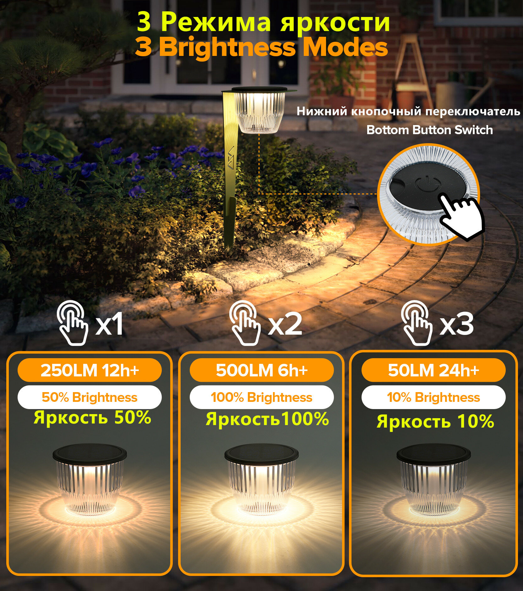 Наружный солнечный заземляющий светильник, функция двойной зарядки, IP65, литиевая батарея 18650