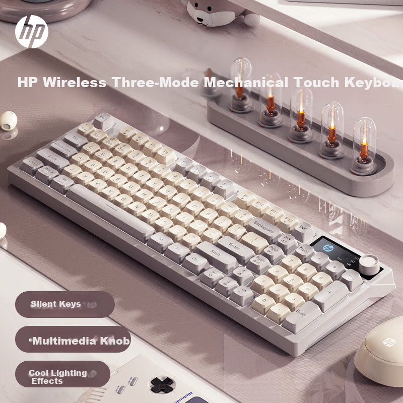 HP K500F Mechanical Feel Keyboard Wireless Bluetooth Three Modes Silent Multi-function Knob Office Gaming Desktop Laptop Universal Keyboard Gray 98 Keys