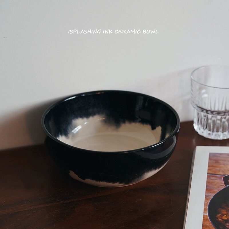Черно-белая керамическая миска с рисунком в стиле китайской тушевой живописи, 15 см глубокая, для салата, фруктов и еды