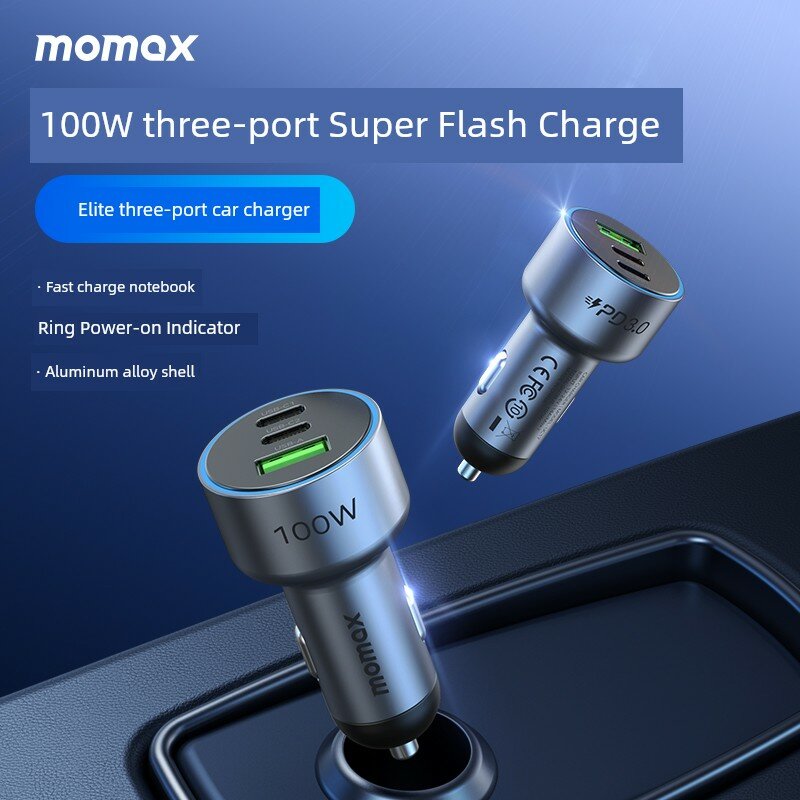 MOMAX 100W PD автомобильный зарядный устройство с тремя USB-портами для смартфонов и ноутбуков, двойной USB-C и USB-A,