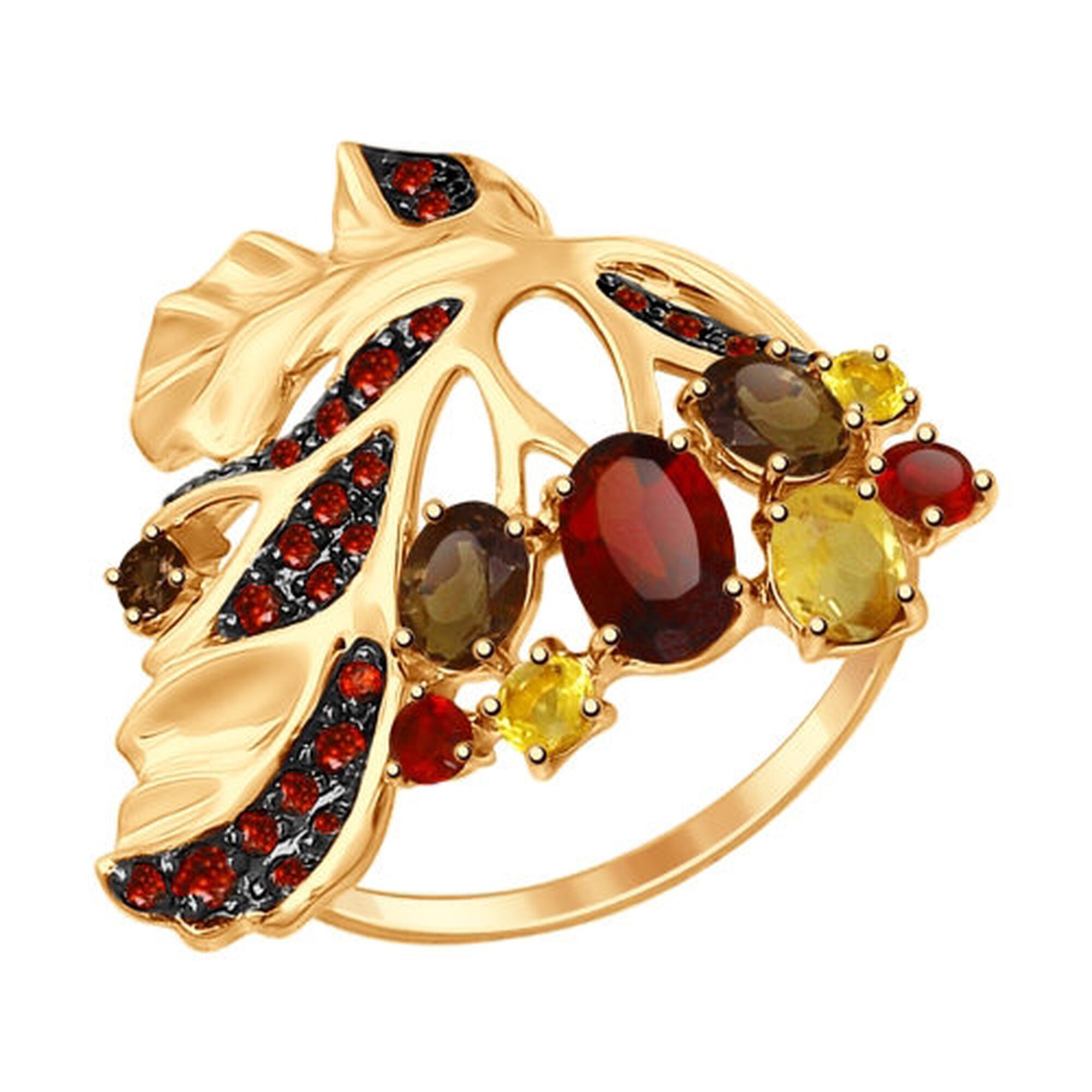 Кольцо, красное золото, 585 проба, раухтопаз, гранат