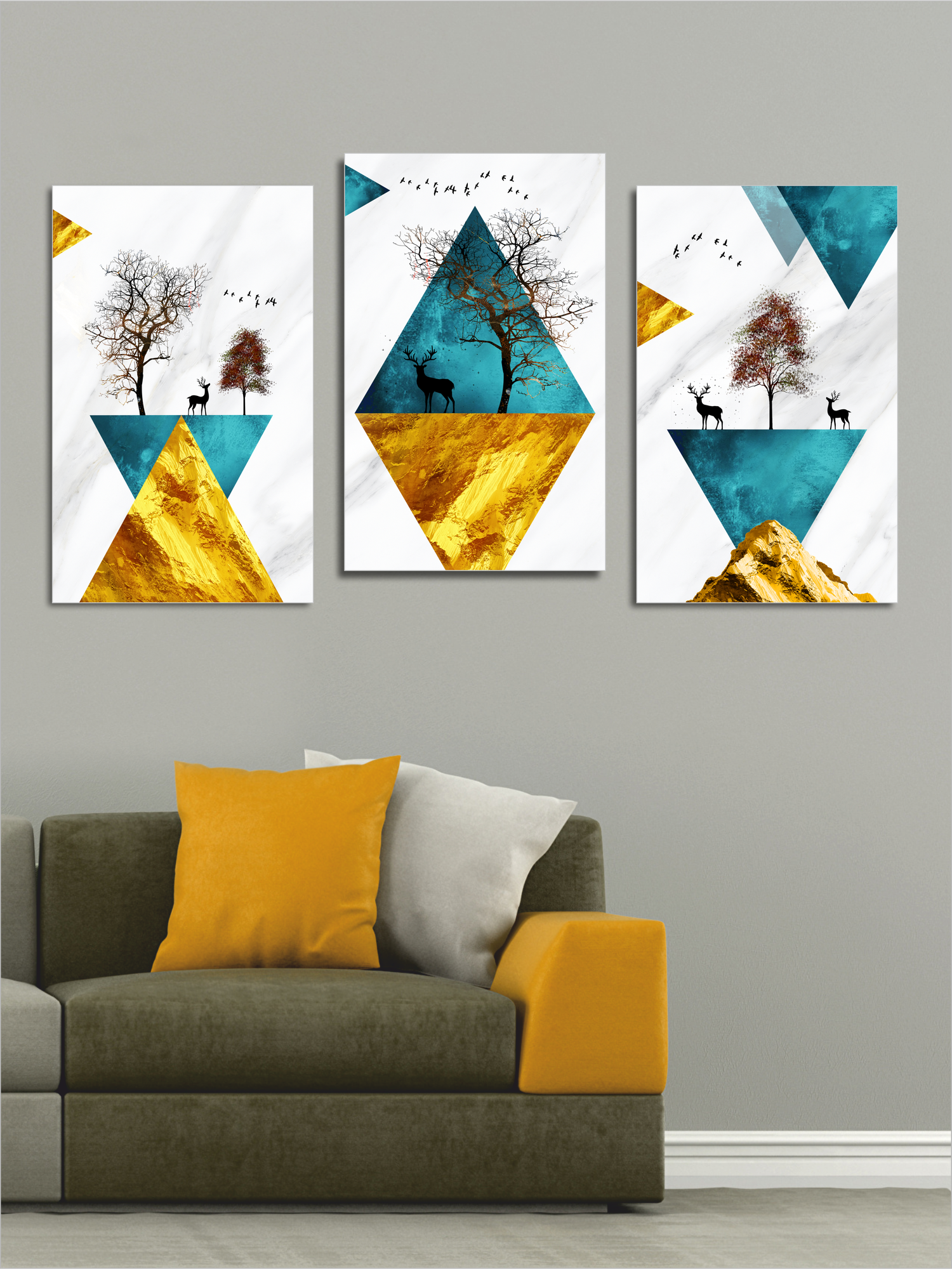 Модульная картина для интерьера на стену абстракция. Олени и треугольники 50х75 см - 3 штуки на холсте на подрамнике