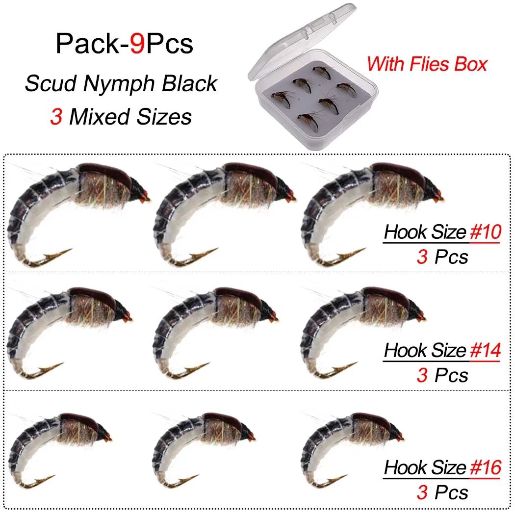 Мушки Scud Nymph Black, 9 шт, размеры #10-#16