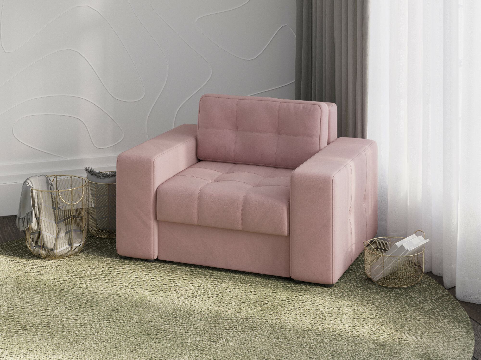 Кресло-кровать, спальное место 80х208, двухслойный велюр, Пыльная роза