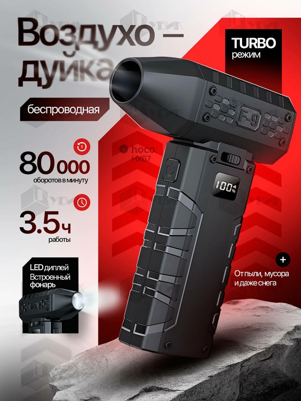 Воздуходувка аккумуляторная для компьютера HOCO HX67 с дисплеем и фонариком для пк и авто черная