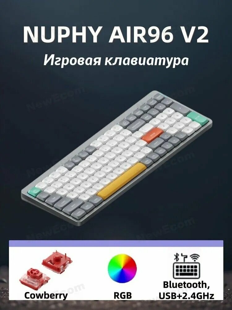 NuPhy Клавиатура беспроводная Air96 V2, Cowberry Switch, Подарок: Русская раскладка Стикеры, (NuPhy Cowberry), Английская раскладка, серый, белый