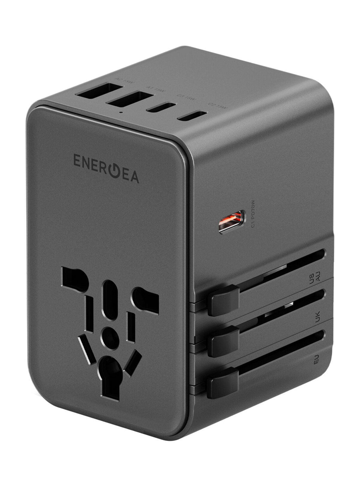 Зарядное устройство Energea TravelWorld adapter GaN 70, быстрая зарядка, 3USB-C + 2USB-A, PD 70W, PPS 55W, серый