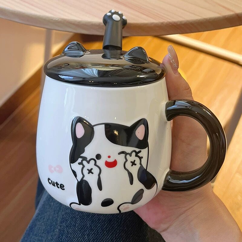 Керамическая кружка Cute Cat с крышкой и ложкой в форме когтя - Устойчивая к теплу кружка для завтрака