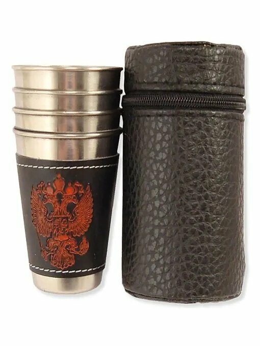 Набор стопок 4 шт 70 мл в чехле Герб России / Рюмки стаканы из нержавейки Герб России / Металлические походные стопки для туризма, пикника, рыбалки