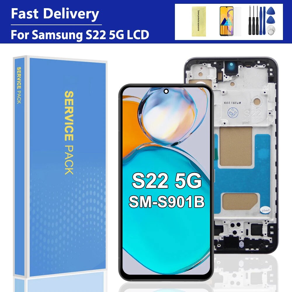 S22 5G Экран в сборе для Samsung Galaxy S22 S901B S901U S901W S901N S901E Замена EU Black With Frame