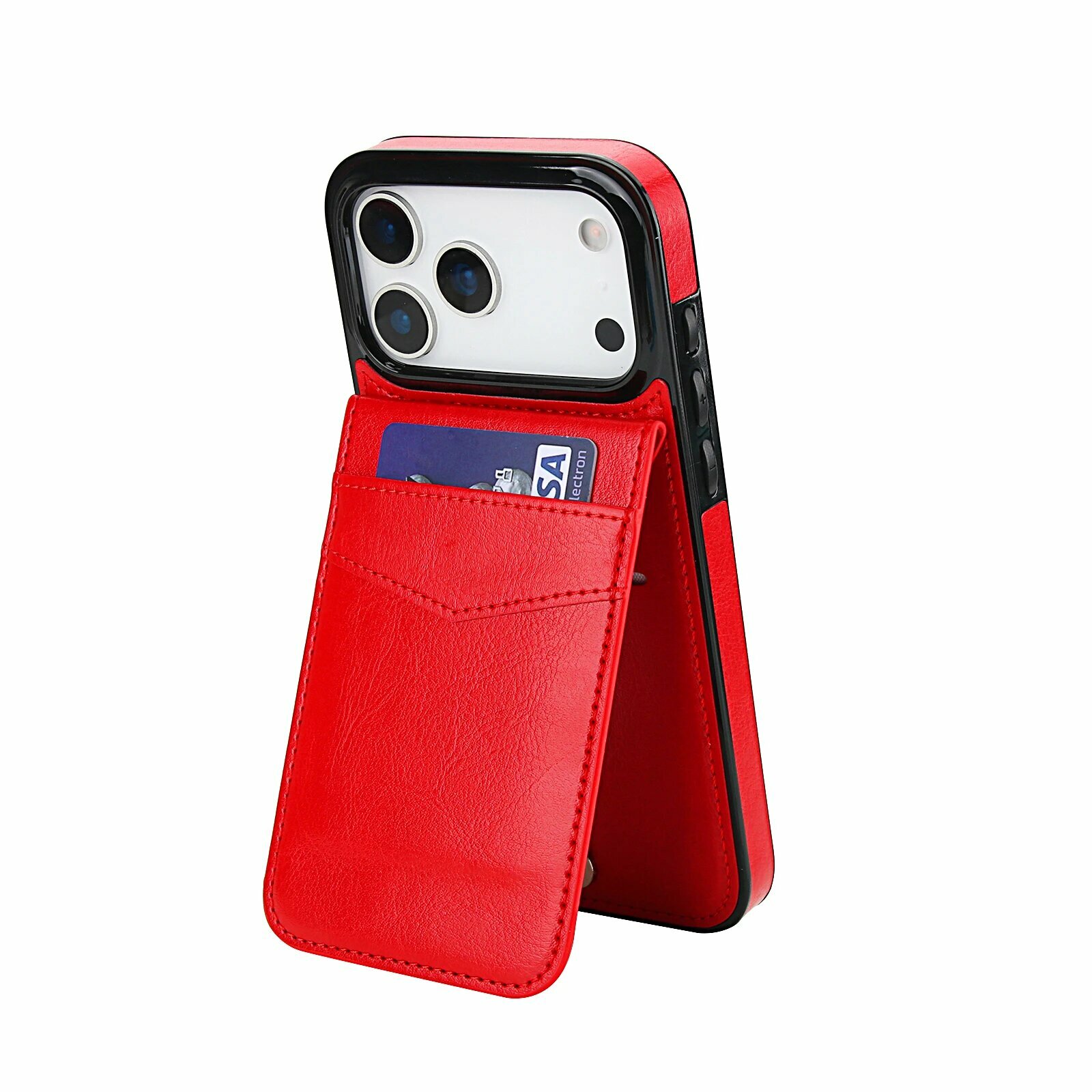 Красный кожаный чехол-кошелек для iPhone 16 Pro Max с держателем карт