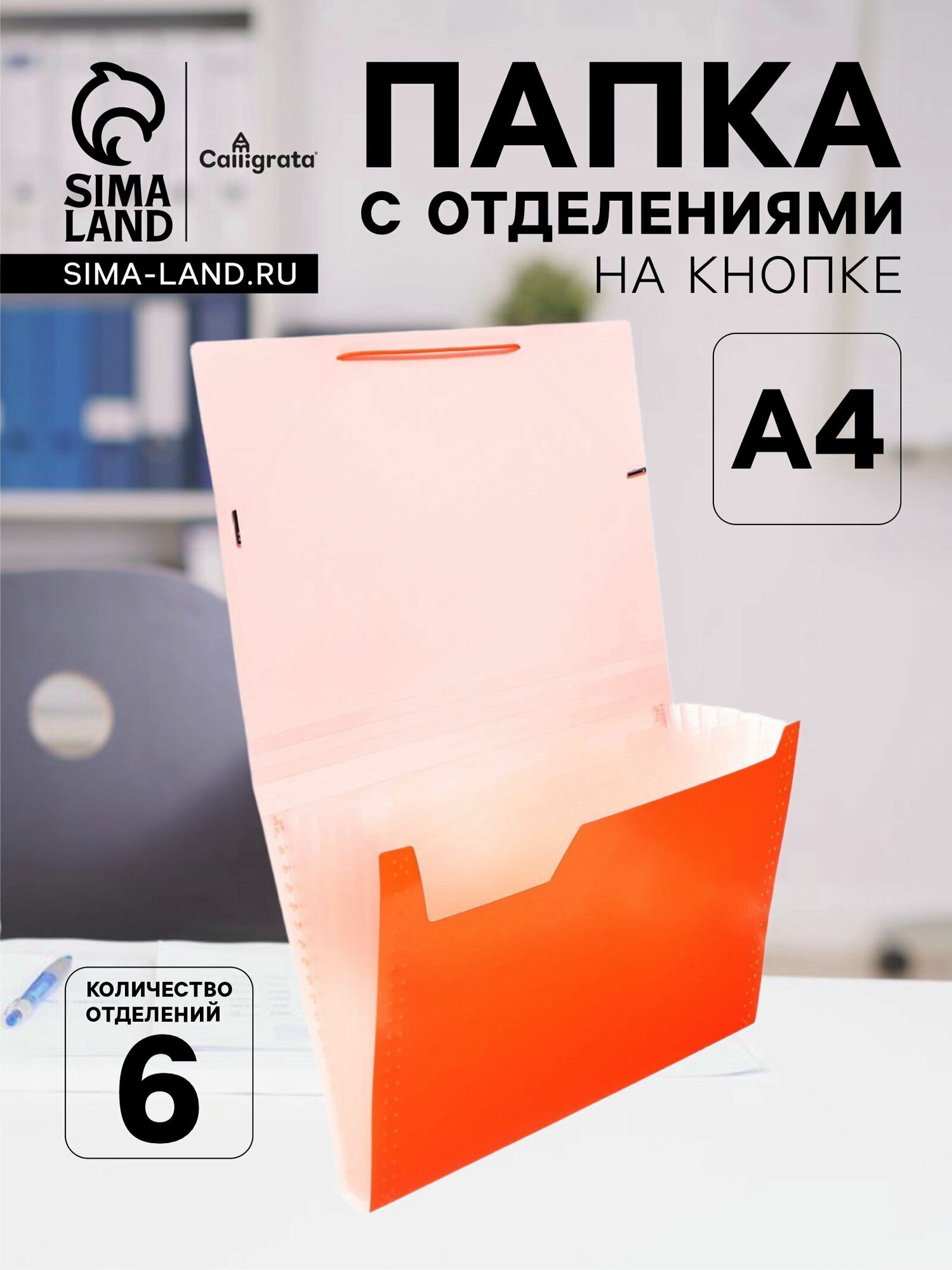 Папка А4, "Неон", 6 отделений, пластиковая, 700 мкм, оранжевая, резинка в цвет