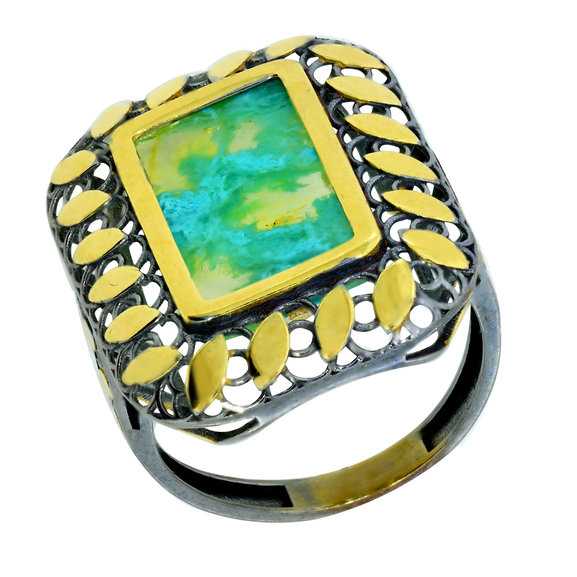 Кольцо, серебро, 925 проба, золочение, янтарь