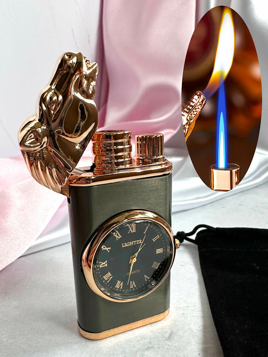 Пьезозажигалка "Лошадь" с часами, двойное пламя, графит