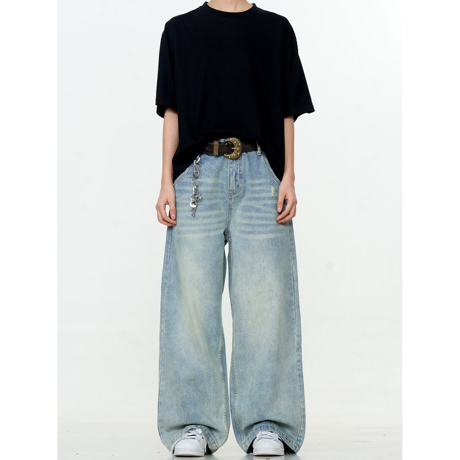 MON Джинсы Мужские Винтажные С Усиками Синие Чистые Широкие Деним, Размер_S